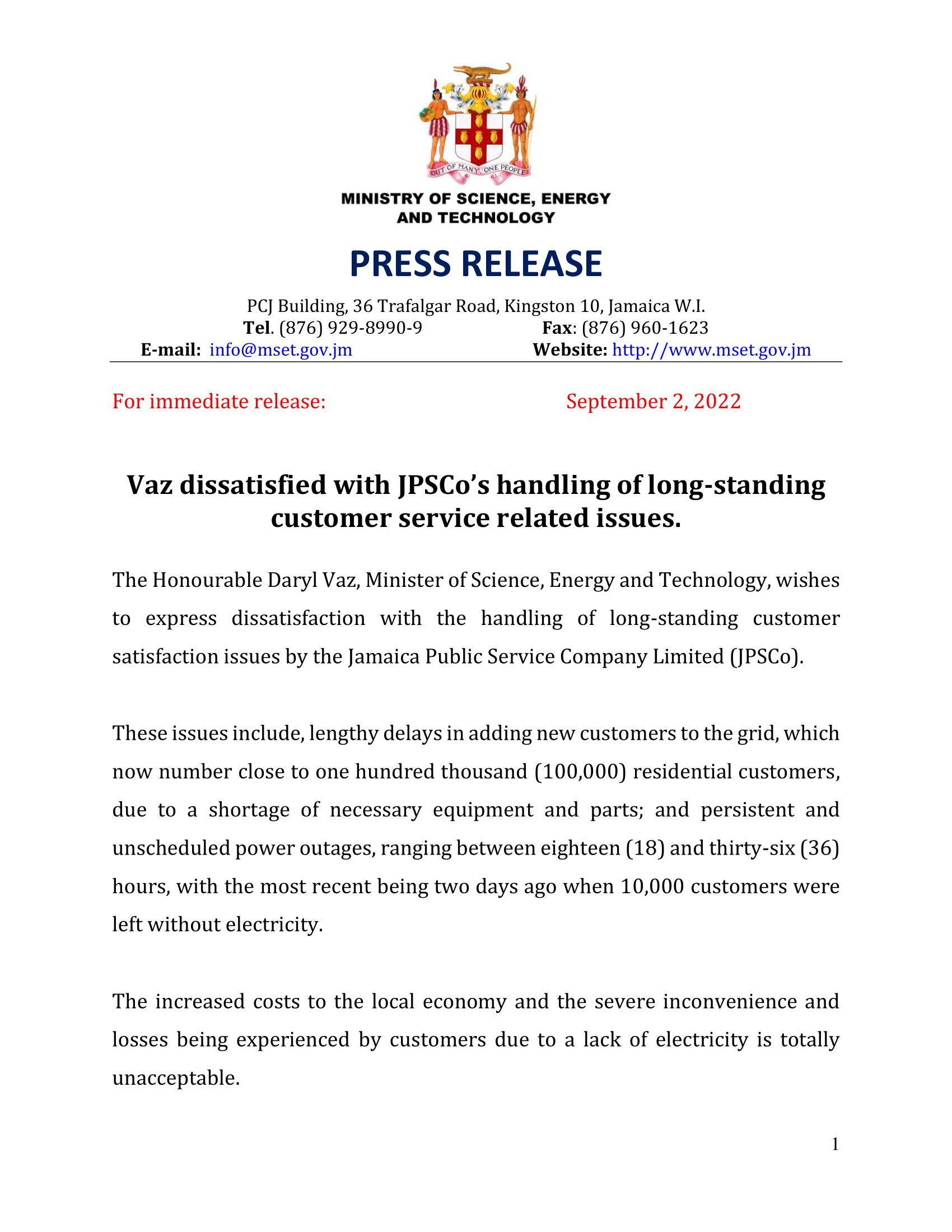Energy Ministry Dissatisfied with JPSCo – Ministry of Science, Energy ...