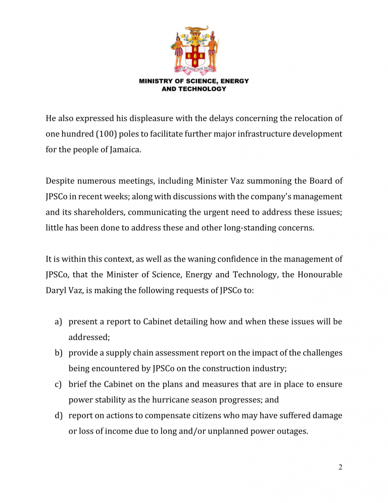 Energy Ministry Dissatisfied with JPSCo – Ministry of Science, Energy ...