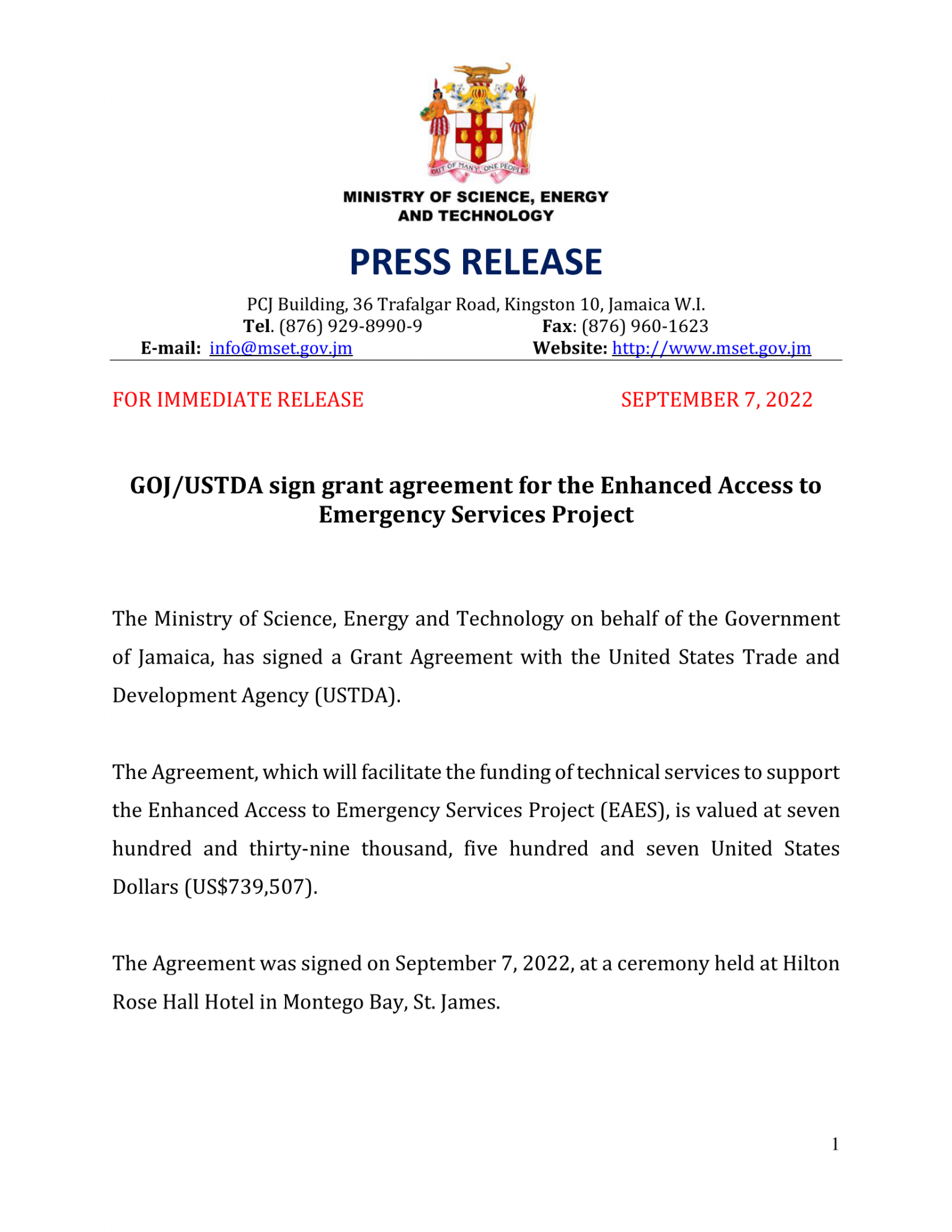 GOJ/USTDA Sign Grant Agreement – Ministry of Energy, Transport and ...