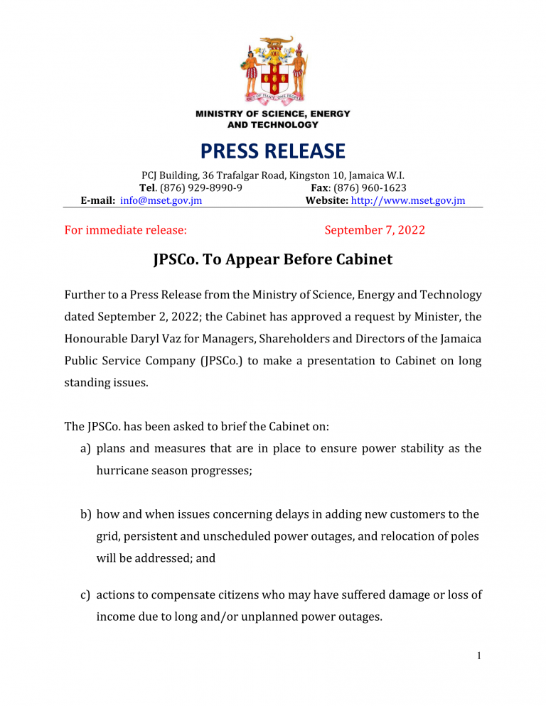 JPSCo. To Appear Before Cabinet – Ministry of Science, Energy ...