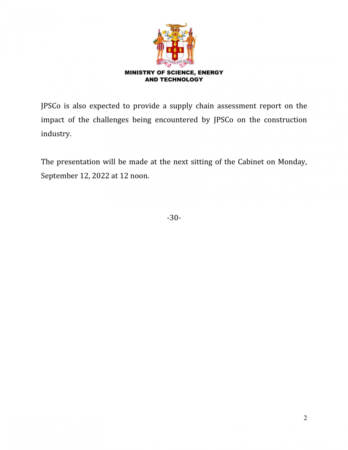 JPSCo. To Appear Before Cabinet – Ministry of Science, Energy ...